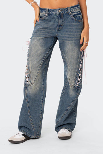 Ribbon Lace Up Low Rise Baggy Jeans – edikted