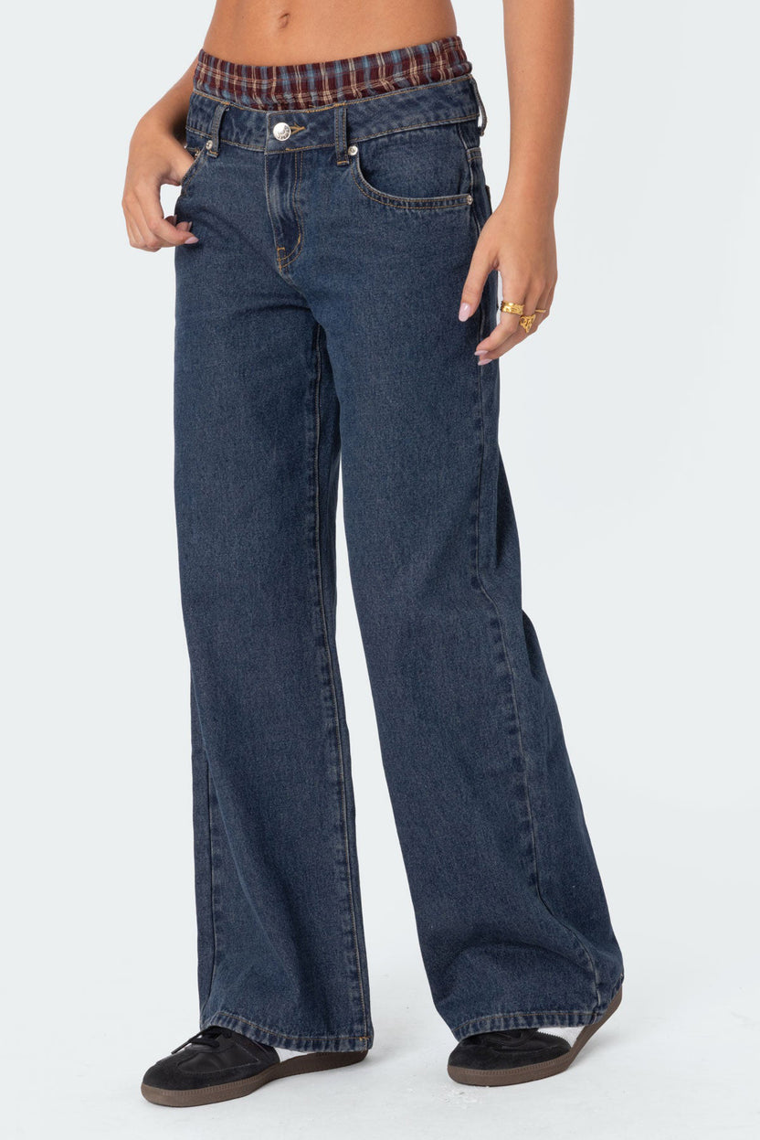 Plaid Boxer Detail Low Rise Baggy Jeans – edikted