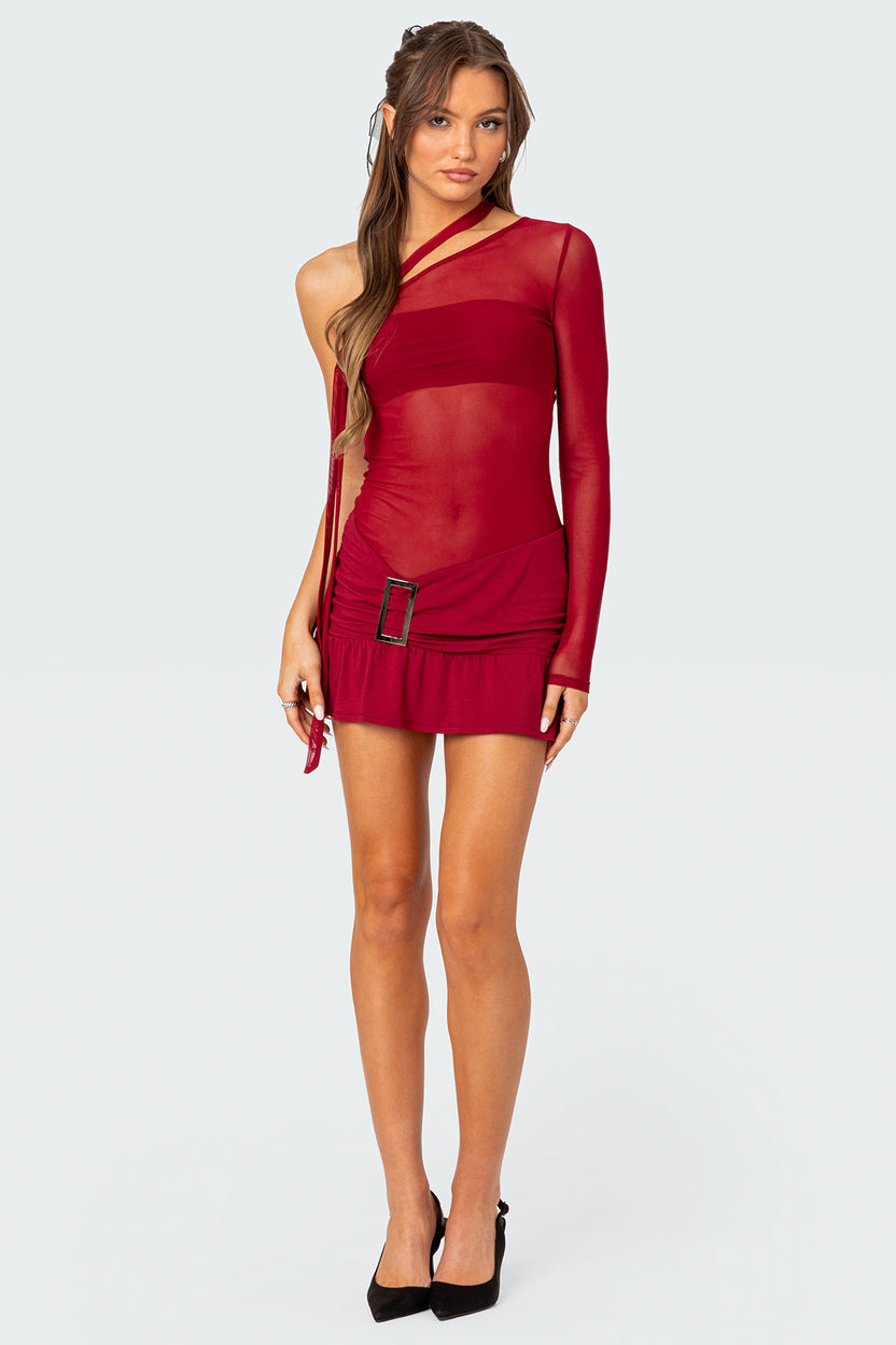 One Shoulder Sheer Mesh Mini Dress – edikted